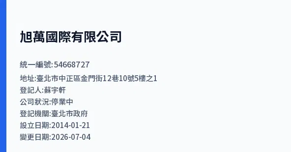 旭萬國際有限公司的照片-統編 54668727(臺北市) 公司登記資料與營業項目詳細圖表