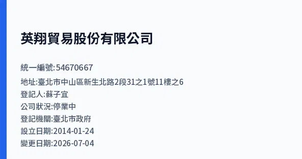 英翔貿易股份有限公司的照片-統編 54670667(臺北市) 公司登記資料與營業項目詳細圖表