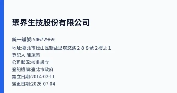 聚界生技股份有限公司的照片-統編 54672969(臺北市) 公司登記資料與營業項目詳細圖表