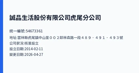 誠品生活股份有限公司虎尾分公司的照片-統編 54673361(雲林縣) 公司登記資料與營業項目詳細圖表