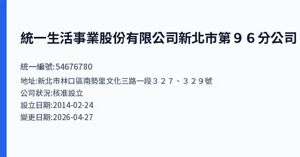 統一生活事業股份有限公司新北市第96分公司的照片-統編 54676780(新北市) 公司登記資料與營業項目詳細圖表