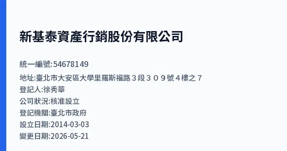 新基泰資產行銷股份有限公司的照片-統編 54678149(臺北市) 公司登記資料與營業項目詳細圖表
