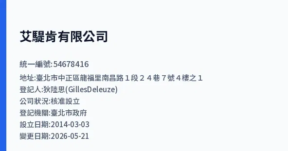 艾騠肯有限公司的照片-統編 54678416(臺北市) 公司登記資料與營業項目詳細圖表