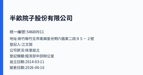 半畝院子股份有限公司的照片-統編 54680911(新竹縣) 公司登記資料與營業項目詳細圖表