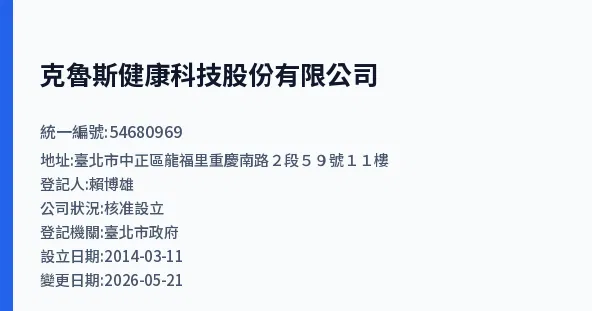 克魯斯健康科技股份有限公司的照片-統編 54680969(臺北市) 公司登記資料與營業項目詳細圖表