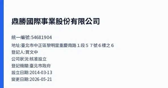 鼎勝國際事業股份有限公司的照片-統編 54681904(臺北市) 公司登記資料與營業項目詳細圖表