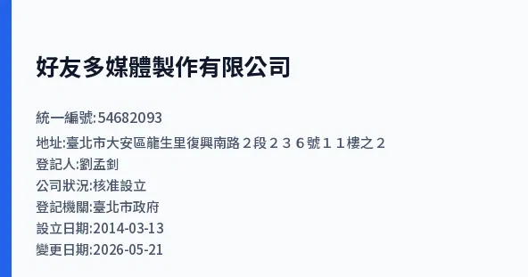 好友多媒體製作有限公司的照片-統編 54682093(臺北市) 公司登記資料與營業項目詳細圖表