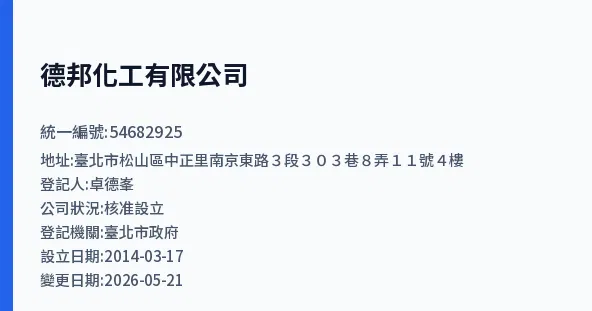 德邦化工有限公司的照片-統編 54682925(臺北市) 公司登記資料與營業項目詳細圖表