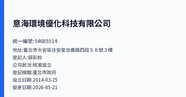 意海環境優化科技有限公司的照片-統編 54685514(臺北市) 公司登記資料與營業項目詳細圖表