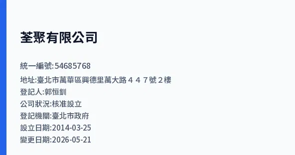 荃聚有限公司的照片-統編 54685768(臺北市) 公司登記資料與營業項目詳細圖表