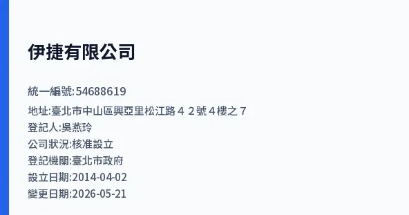 伊捷有限公司的照片-統編 54688619(臺北市) 公司登記資料與營業項目詳細圖表