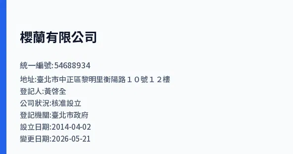 櫻蘭有限公司的照片-統編 54688934(臺北市) 公司登記資料與營業項目詳細圖表