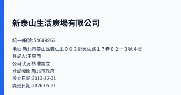 新泰山生活廣場有限公司的照片-統編 54689862(新北市) 公司登記資料與營業項目詳細圖表