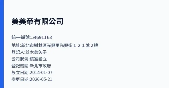 美美帝有限公司的照片-統編 54691163(新北市) 公司登記資料與營業項目詳細圖表