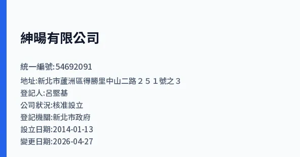 紳暘有限公司的照片-統編 54692091(新北市) 公司登記資料與營業項目詳細圖表