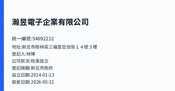 瀚昱電子企業有限公司的照片-統編 54692212(新北市) 公司登記資料與營業項目詳細圖表