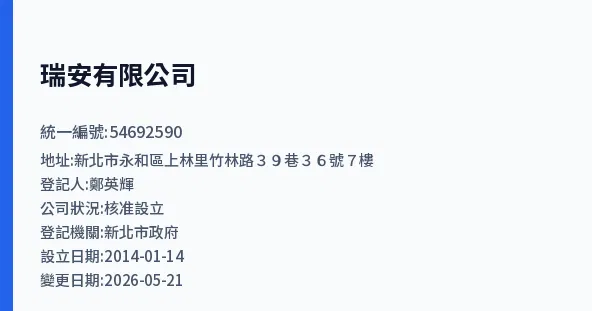 瑞安有限公司的照片-統編 54692590(新北市) 公司登記資料與營業項目詳細圖表