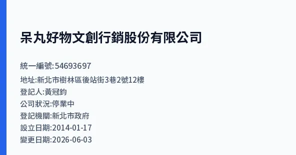 呆丸好物文創行銷股份有限公司的照片-統編 54693697(新北市) 公司登記資料與營業項目詳細圖表