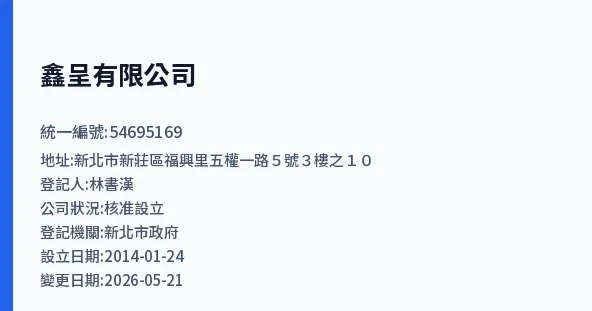 鑫呈有限公司的照片-統編 54695169(新北市) 公司登記資料與營業項目詳細圖表