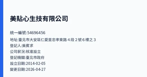 美貼心生技有限公司的照片-統編 54696456(臺北市) 公司登記資料與營業項目詳細圖表