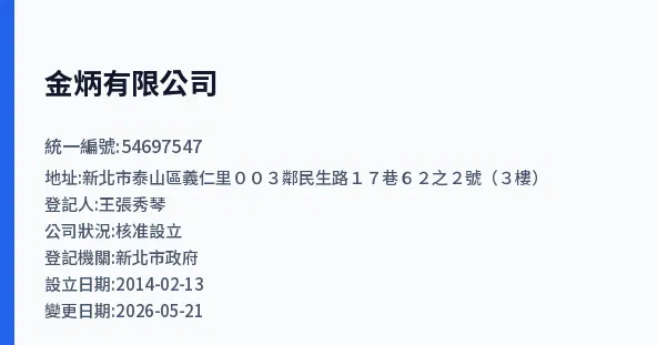 金炳有限公司的照片-統編 54697547(新北市) 公司登記資料與營業項目詳細圖表