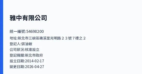 雅中有限公司的照片-統編 54698200(新北市) 公司登記資料與營業項目詳細圖表