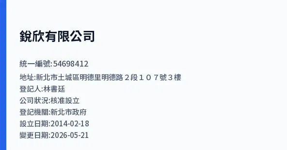 銳欣有限公司的照片-統編 54698412(新北市) 公司登記資料與營業項目詳細圖表
