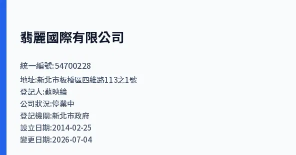 翡麗國際有限公司的照片-統編 54700228(新北市) 公司登記資料與營業項目詳細圖表