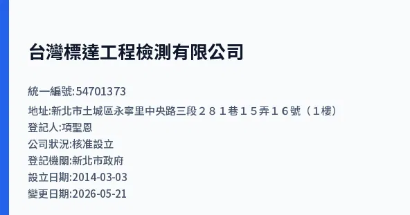台灣標達工程檢測有限公司的照片-統編 54701373(新北市) 公司登記資料與營業項目詳細圖表