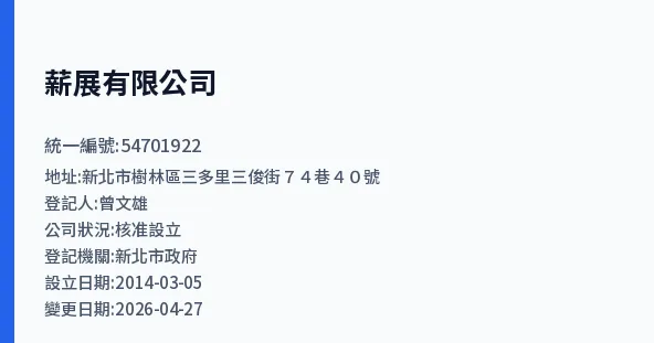 薪展有限公司的照片-統編 54701922(新北市) 公司登記資料與營業項目詳細圖表