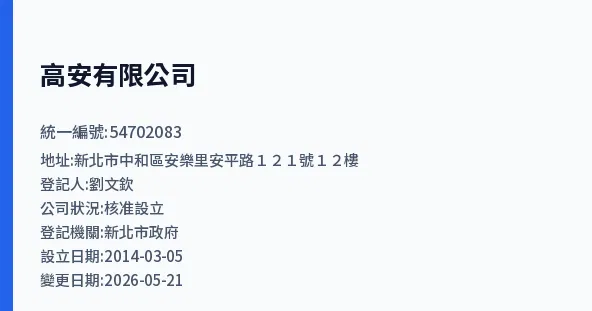 高安有限公司的照片-統編 54702083(新北市) 公司登記資料與營業項目詳細圖表