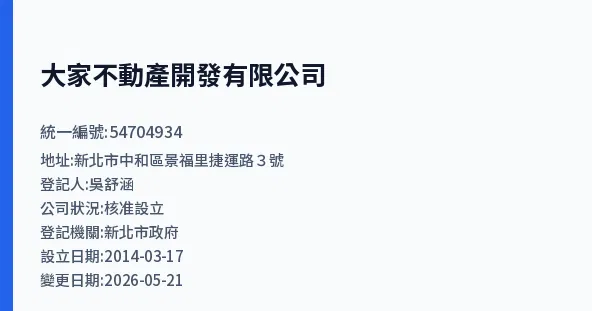 大家不動產開發有限公司的照片-統編 54704934(新北市) 公司登記資料與營業項目詳細圖表