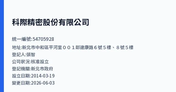 科際精密股份有限公司的照片-統編 54705928(新北市) 公司登記資料與營業項目詳細圖表