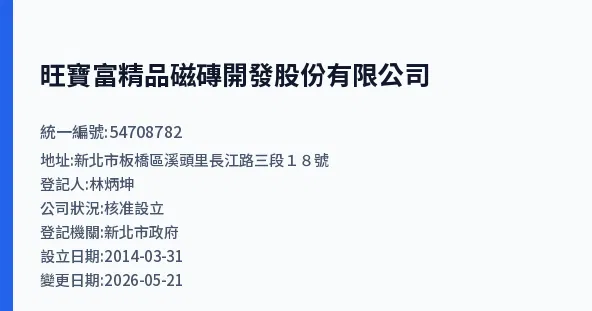 旺寶富精品磁磚開發股份有限公司的照片-統編 54708782(新北市) 公司登記資料與營業項目詳細圖表