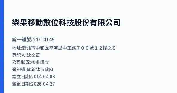 樂果移動數位科技股份有限公司的照片-統編 54710149(新北市) 公司登記資料與營業項目詳細圖表