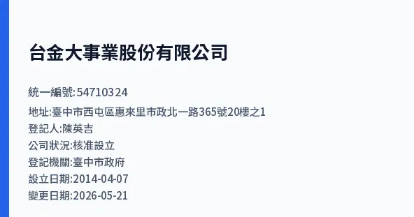 台金大事業股份有限公司的照片-統編 54710324(臺中市) 公司登記資料與營業項目詳細圖表
