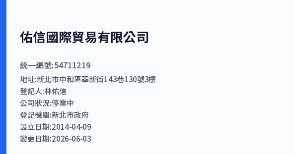 佑信國際貿易有限公司的照片-統編 54711219(新北市) 公司登記資料與營業項目詳細圖表