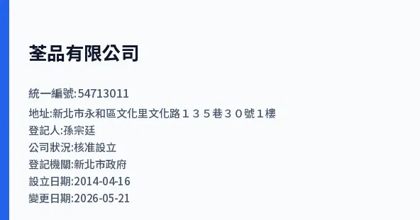 荃品有限公司的照片-統編 54713011(新北市) 公司登記資料與營業項目詳細圖表