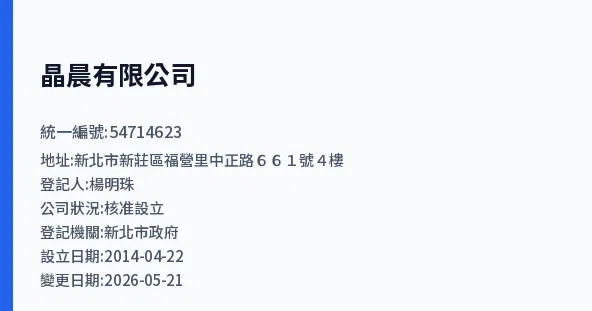 晶晨有限公司的照片-統編 54714623(新北市) 公司登記資料與營業項目詳細圖表
