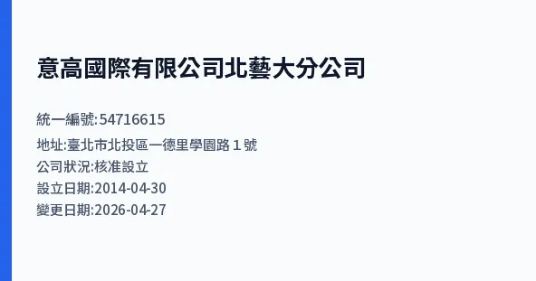 意高國際有限公司北藝大分公司的照片-統編 54716615(臺北市) 公司登記資料與營業項目詳細圖表