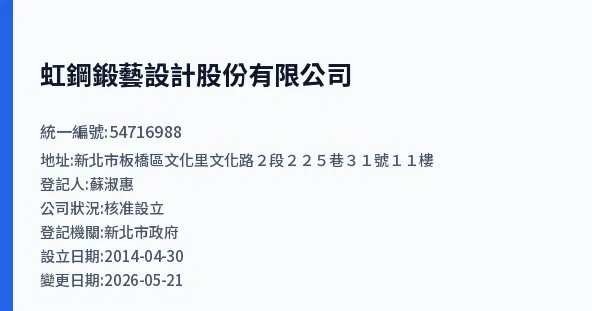 虹鋼鍛藝設計股份有限公司的照片-統編 54716988(新北市) 公司登記資料與營業項目詳細圖表