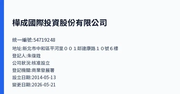 樺成國際投資股份有限公司的照片-統編 54719248(新北市) 公司登記資料與營業項目詳細圖表