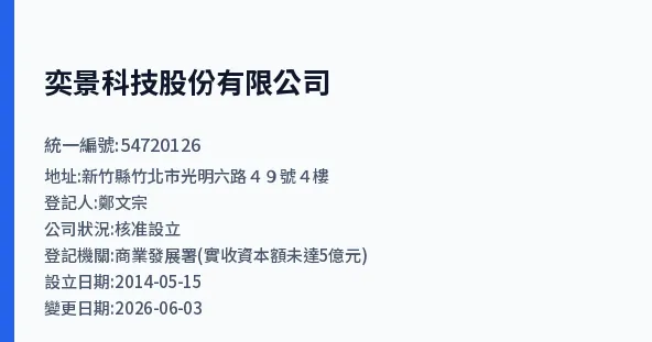 奕景科技股份有限公司的照片-統編 54720126(新竹縣) 公司登記資料與營業項目詳細圖表