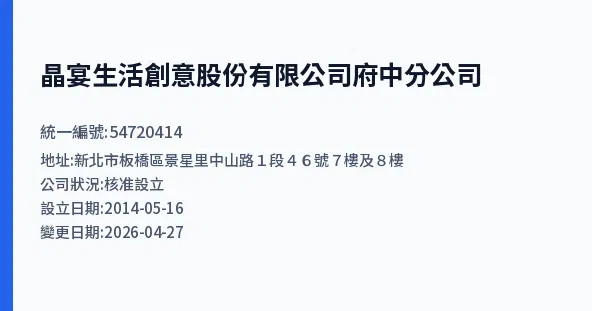 晶宴生活創意股份有限公司府中分公司的照片-統編 54720414(新北市) 公司登記資料與營業項目詳細圖表