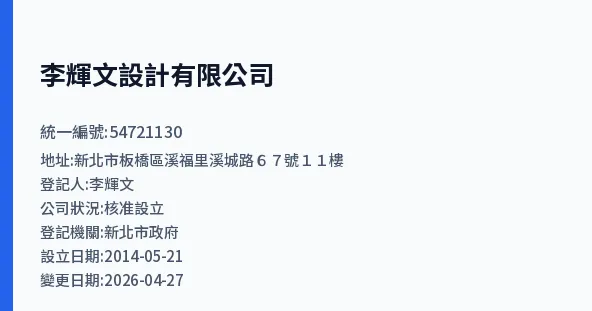 李輝文設計有限公司的照片-統編 54721130(新北市) 公司登記資料與營業項目詳細圖表