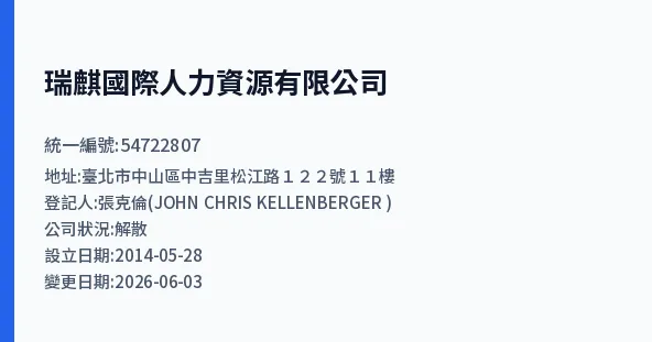 瑞麒國際人力資源有限公司的照片-統編 54722807(臺北市) 公司登記資料與營業項目詳細圖表