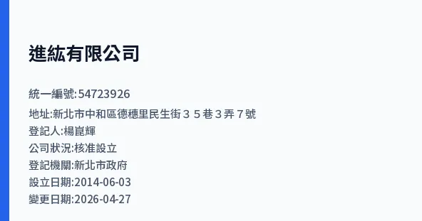 進紘有限公司的照片-統編 54723926(新北市) 公司登記資料與營業項目詳細圖表