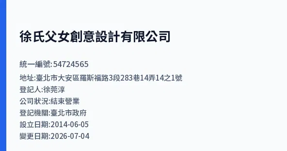 徐氏父女創意設計有限公司的照片-統編 54724565(臺北市) 公司登記資料與營業項目詳細圖表