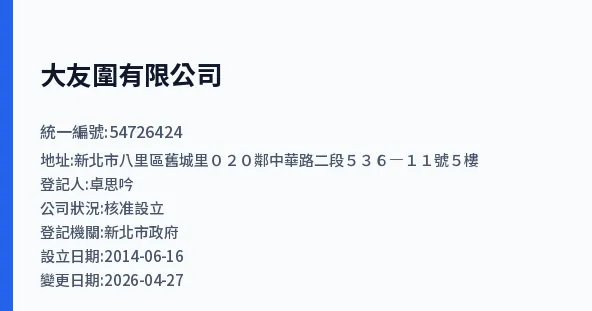 大友圍有限公司的照片-統編 54726424(新北市) 公司登記資料與營業項目詳細圖表