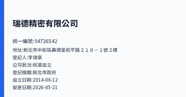 瑞德精密有限公司的照片-統編 54726542(新北市) 公司登記資料與營業項目詳細圖表